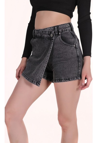 Gaydalı Giyim Kadın Antrasit Denim Kot Şort Asimetrik Kapamalı Fermuarlı Jeans Şort Etek