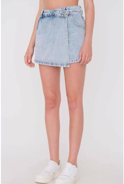 Gaydalı Giyim Kadın Kar Yıkama Mavi Denim Kot Şort Asimetrik Kapamalı Fermuarlı Jeans Şort Etek