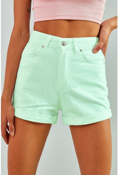 Gaydalı Giyim Kadın Su Yeşili Yüksek Bel Paça Katlamalı Denim Kot Mini Şort Gaydalı Giyim Kadın Su Yeşili Yüksek Bel Paça Katlamalı Denim Kot Mini Şort