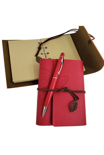 Özel Ahşap Kutulu Kırmızı Deri Defter ve Kalem Set