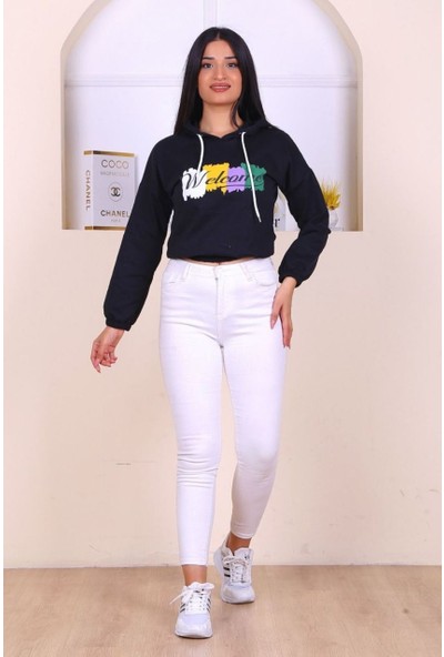 Kapüşonlu Welcome Baskılı Sweatshirt Siyah