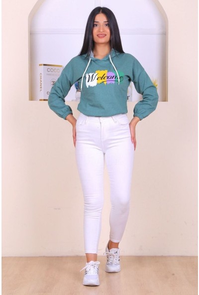 İnobag Kapüşonlu Welcome Baskılı Sweatshirt Mint