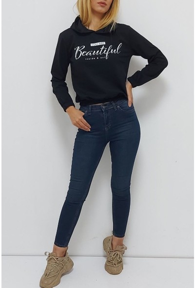 İnobag Kapüşonlu Beautiful Baskılı Sweatshirt Siyah