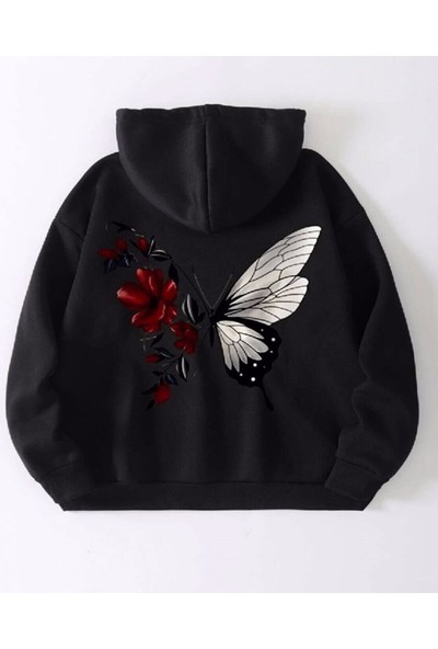 Deocept Kadın Siyah Kırmızı Kelebek Baskılı Sweatshirt