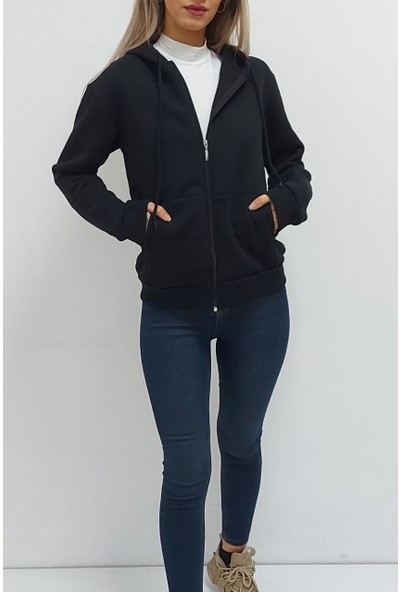 İnobag Kapüşonlu Fermuarlı Içi Tüylü Sweatshirt Siyah