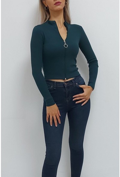 İnobag Fermuarlı Crop Sweat Petrol İnobag Fermuarlı Crop Sweat Petrol