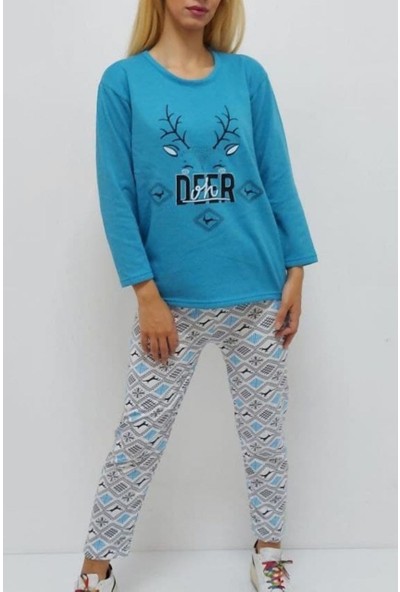 İnobag Baskılı Içi Tüylü Pijama Takımı Turkuaz