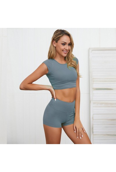 Real Me 2 Parça Yüksek Bel Spor Şort + Kısa Kollu Crop Üst Yoga Seti - Gri/xl (Yurt Dışından)