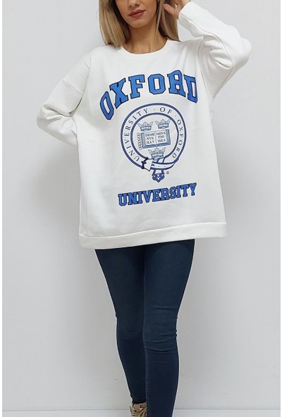 İnobag Oxford Baskılı Içi Tüylü Sweatshirt Beyaz