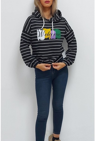 İnobag Kapüşonlu Welcome Baskılı Ince Çizgili Sweatshirt Siyah