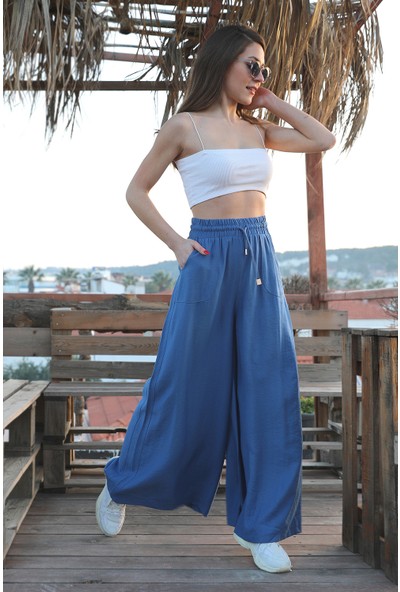 Geniş Kemerli Bol Paça Düz Keten Kadın Pantolon