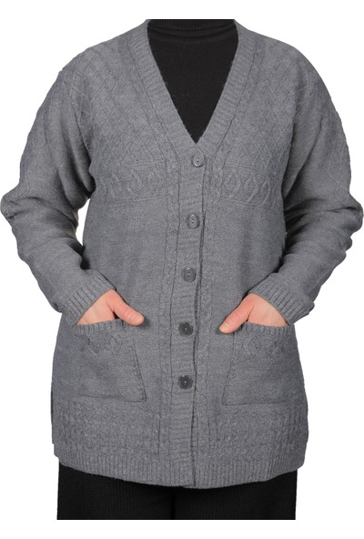 Büyük Beden Kadın Gri Düğmeli Kısa Hırka