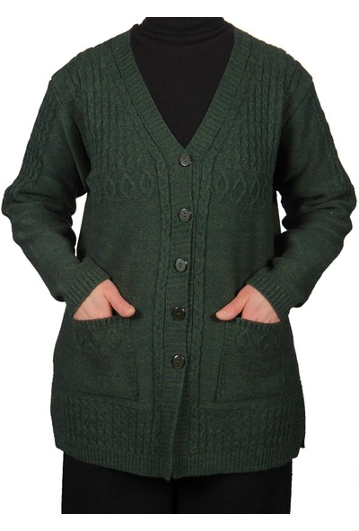 Büyük Beden Kadın Haki Yeşil Kısa Düğmeli Hırka