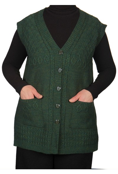 Büyük Beden Kadın Hakı Yeşil Düğmeli Yelek