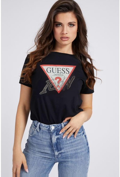 Guess Siyah Renk Los Angeles Baskılı Üçgen Taşlı Icon Slim Fit Kadın Tshirt
