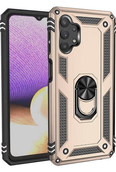 Sepetzy Samsung Galaxy A32 5g Uyumlu Kılıf Powering Yüzüklü Standlı Zırh Kapak - Gold