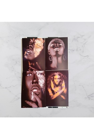 Uzay Markt Afrika'lı Kadın Ahşap Duvar Tablosu 4'lü Set
