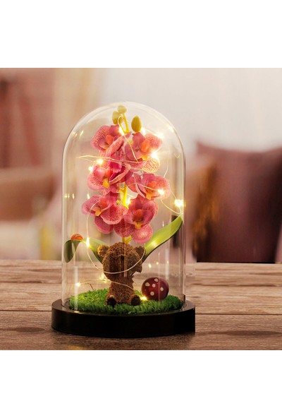 Pembe Orkide Altında Ayıcık Temalı LED Işıklı Fanus