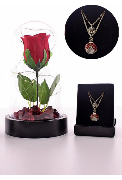 Fanusta LED Işıklı Kırmızı Gül ve Uğur Böceği Kolye Seti Mika Fanus Fanusta LED Işıklı Kırmızı Gül ve Uğur Böceği Kolye Seti Mika Fanus