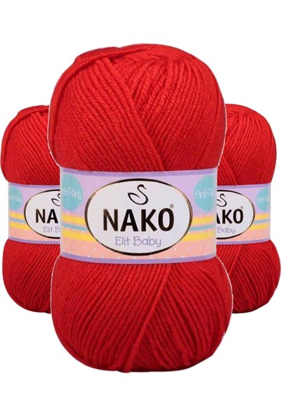Nako 3 Adet Elite Baby El Örgü Ipi Tüylenmeyen Bebek Yünü Alev Kırmızı 207