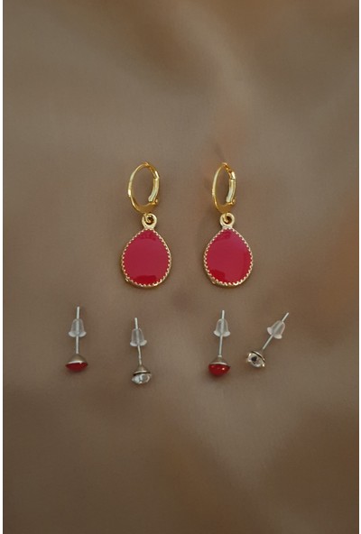 Bej Takı Damla Kırmızı Gold Kadın Küpe