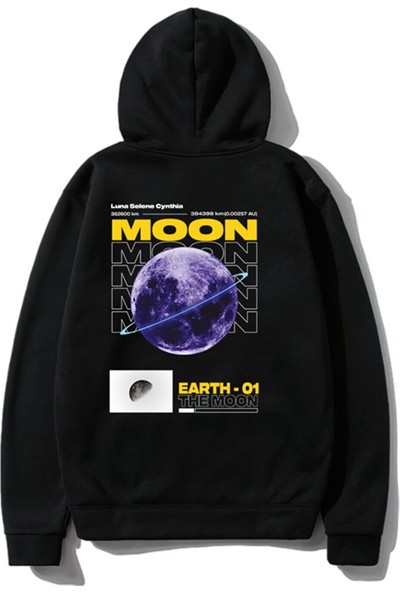 Siyah Moon Baskılı Oversize Kapşonlu Sweatshirt