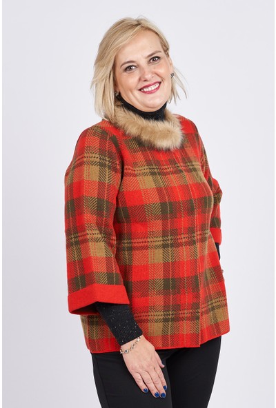 Desen Triko Kadın Yakası Tüy Detaylı Yün Kaban 0249068 Mercan