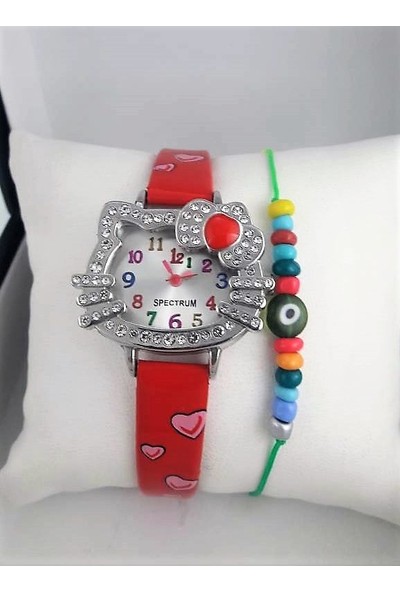 Kedili Kırmızı Renk Kız Çocuk Kol Saati Bileklik Hediyeli