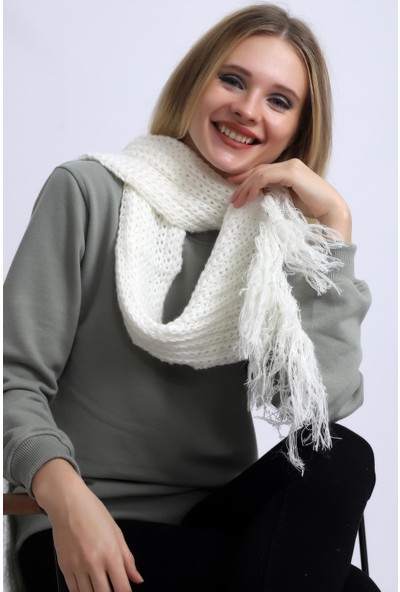 Deafox Beyaz Püsküllü Kadın Selanik Atkı