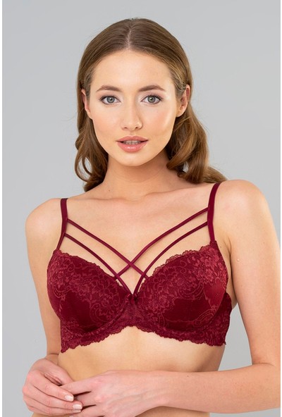 Desteksiz Kaplı Çapraz Hortum Detaylı Tek Sütyen - Bordo - 110B