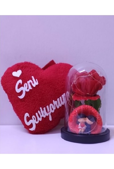 Mobgift 2’li Set Gül Altında Oturan Sevimli Çift Tasarımlı Işıklı Fanus ve Seni Seviyorum Mini Kalp Yastık (Kırmızı)