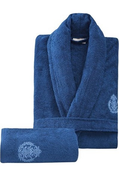 2 Parça Klasik Erkek Bornoz Seti Lacivert
