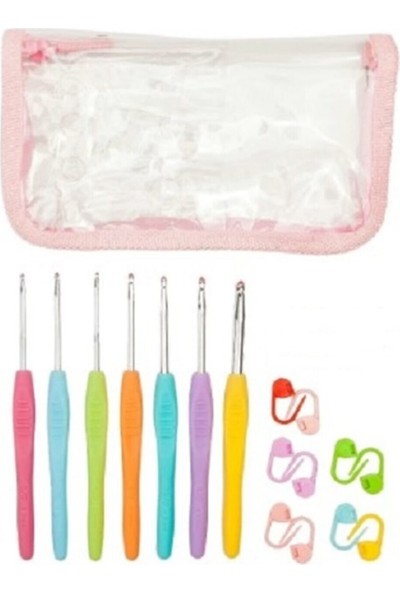 Balım Örgü Evi Pembe Çantalı Tığ Seti 7 Tığ 10 Ad Ilmek Ayracı (2.5-3.00-3.5-4.00-4.5-5.00-6.00 Mm)