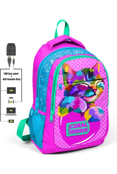 Coral High Kids Pembe Simli Üç Bölmeli USB Şarjlı Kulaklık Çıkışlı Sırt Çantası 24301 Coral High Kids Pembe Simli Üç Bölmeli USB Şarjlı Kulaklık Çıkışlı Sırt Çantası 24301