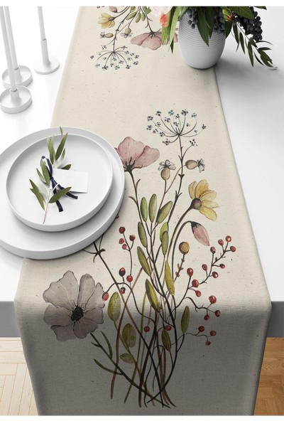 Kate Louise Botanik Çiçek Bohem Temalı 140X40 cm Dijital Baskılı Runner