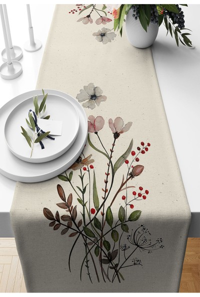 Kate Louise Botanik Çiçek Bohem Temalı 140X40 cm Dijital Baskılı Runner