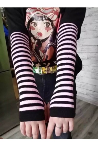 Anime Grunge Punk Siyah Beyaz Çizgili Kolluk