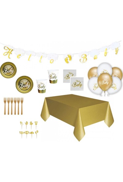 Hello Baby Varaklı Baby Shower Parti Seti Gold