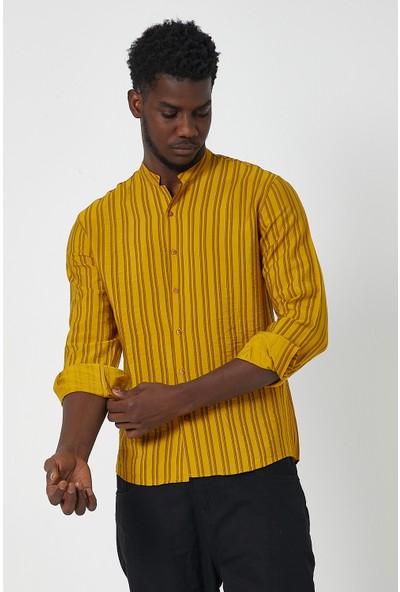 Erkek Baskılı Keten Tulum Patlı Hakim Yaka Hardal Gömlek Erkek Baskılı Keten Tulum Patlı Hakim Yaka Hardal Gömlek