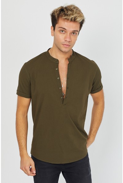 Erkek Gofre Hakim Yaka Kısa Kol Haki Gömlek