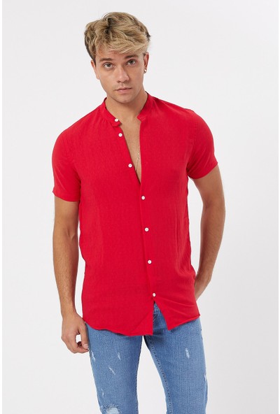 Erkek Hakim Yaka Kısa Kol Nar Çiçegi Gömlek