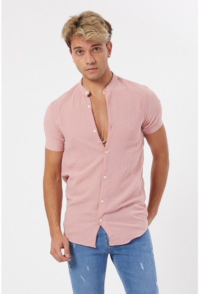 Erkek Hakim Yaka Kısa Kol Pembe Gömlek