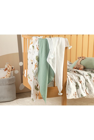 Safari Pamuklu Bebe Müslin Set 80X80 cm Beyaz