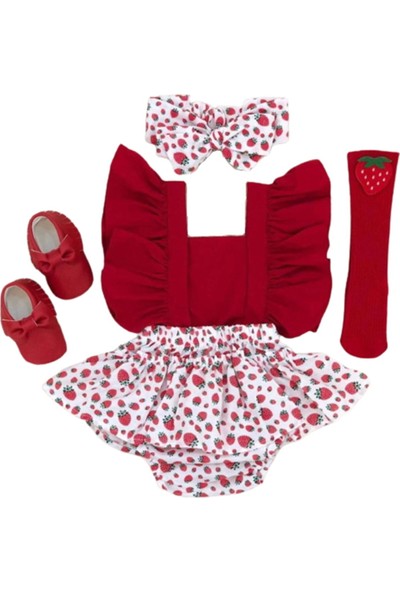 Tek Tıkla Giyin Çilek Desenli Kırmızı Salopet Bebek Elbisesi Ayakkabı + Bandana Tek Tıkla Giyin Çilek Desenli Kırmızı Salopet Bebek Elbisesi Ayakkabı + Bandana