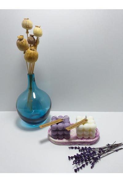 Gofydof Mum Tasarım 3'lü Takım Altlıklı Doğal Soya Bubble Mum