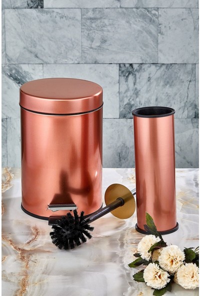Vintage 2 Li Çöp Kovası Banyo Seti Çizgili Bakır