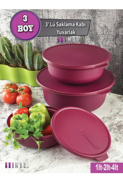 Grimor Life 3' Lü Çok Amaçlı Saklama Kabı Yuvarlak Plastik Mürdüm Renk ( 1 Lt - 2 Lt - 4 Lt ) Grimor Life 3' Lü Çok Amaçlı Saklama Kabı Yuvarlak Plastik Mürdüm Renk ( 1 Lt - 2 Lt - 4 Lt )