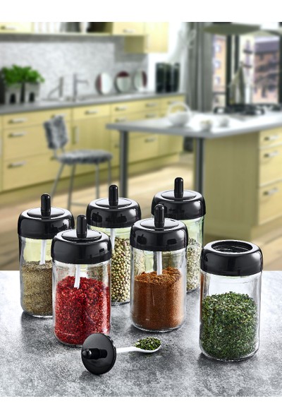 Grimor Life 6 Adet Kapağı Kendinden Kaşıklı Cam Baharatlık Seti - (300CC)