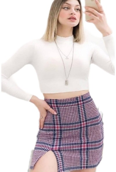 Renkli Yırtmaçlı Mor Mini Etek