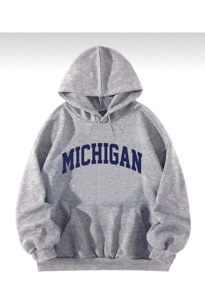 VBS Vibes Unisex Gri Michigan Baskılı Oversize Sweatshirt Hoodie VBS Vibes Unisex Gri Michigan Baskılı Oversize Sweatshirt Hoodie